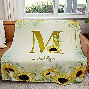TOYSHEA Personalized Sunflower Blanket Name and Initial Letter Custom Throws Cozy Soft Blankets Fleece Sherpa for Women Girls Mom Daughter Grandma Kids Gift for Mother's Day Birthday Christmas
