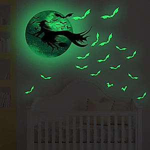 Halloween Decoration Sticker Glow in The Dark Bedroom Decals for Decoration Wall Sticker Visualization Luminous Stickers (Witch/Bats)