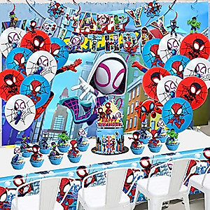 Spidey and His Amazing Friends Birthday Decorations, Party Supplies Set Include Banner, Backdrop, Balloons, Hanging Swirls, Cake Cupcake Toppers, Tablecloth for Boys Girls Spidey Theme Party