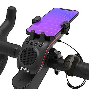 UPPEL Bluetooth Speaker Bicycle, Multifunctional Bike Phone Holder 10-in-1- LED Light - Power Bank - Bike Horn - Microphone - Ideal for Road & Mountain Bike (Black)
