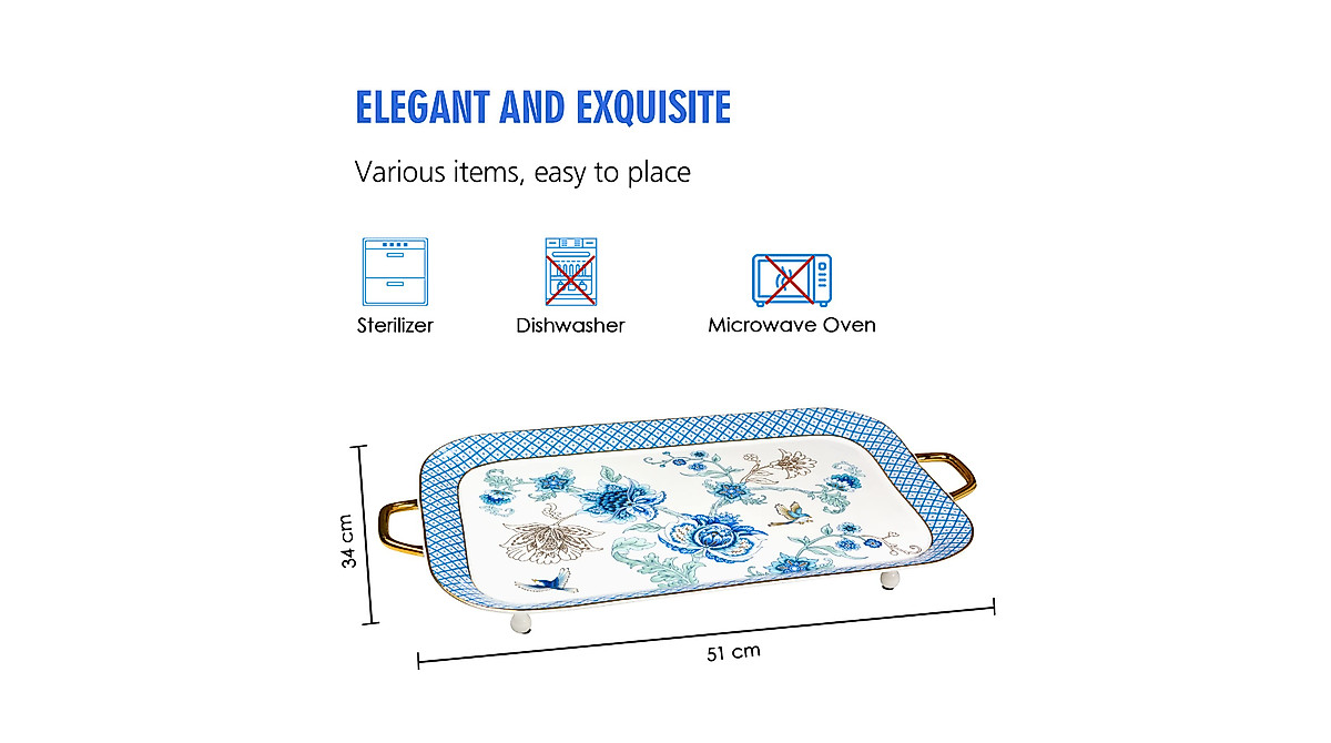 ACMLIFE Bone China Tea Serving Tray - Elegant Light Blue