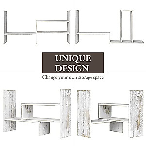 MyGift Adjustable Whitewashed Solid Wood Desktop Storage Organizer Display Shelf Book Rack, Office Desk Bookshelf