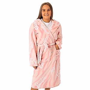 Barbie Womens Hooded Bathrobe | Ladies Pink All over Print Dressing Gown | Fashion Wave Print Fleece Loungewear Bathrobe