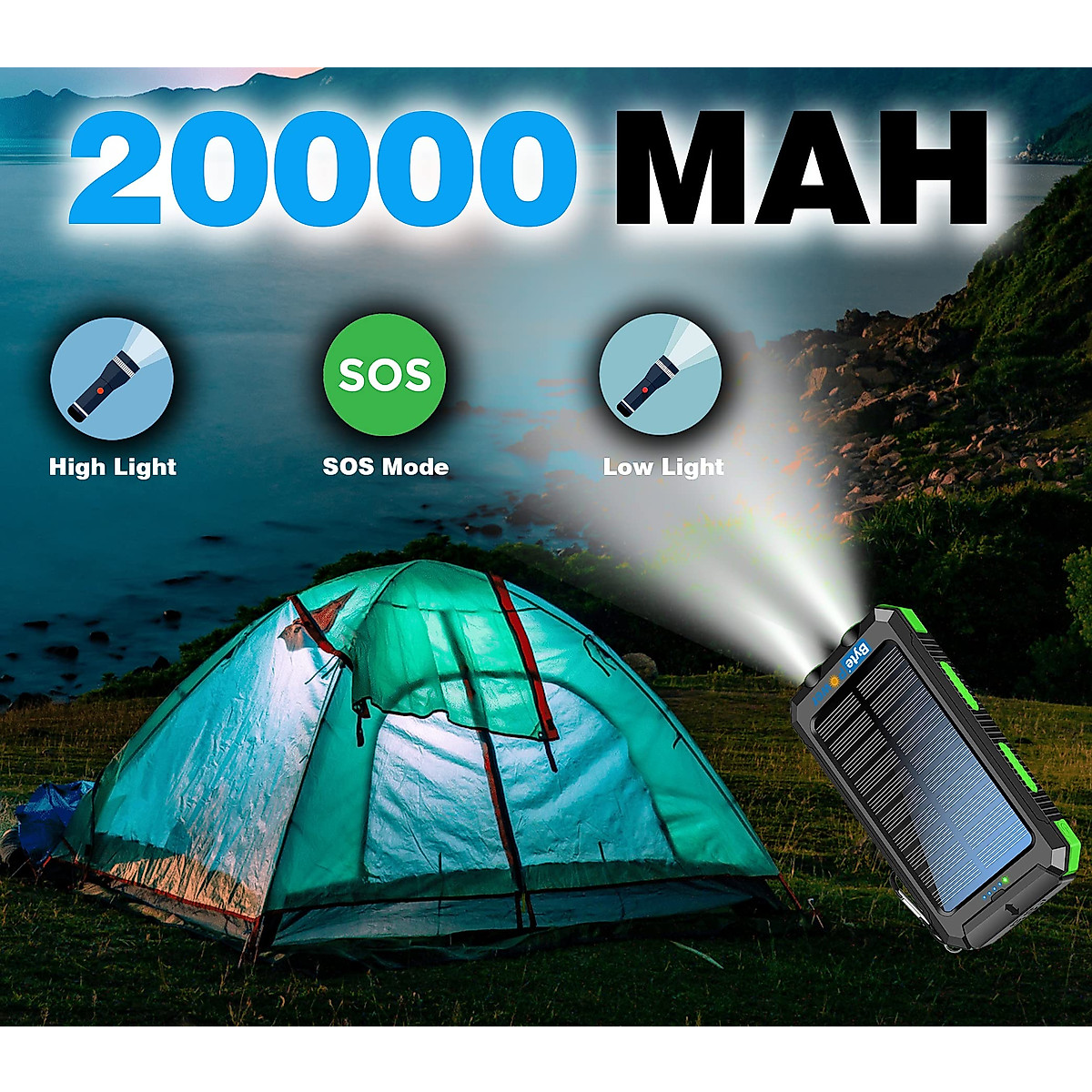 Solar Charger Power Bank 20000mAh, Portable Solar Pone Charger with Compass,Carabiner, Whistle,Flashlights,Solar Panel Charger,Camping Gear Accessory (Green)