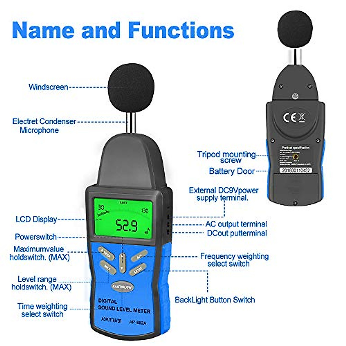 Decibel Meter, Digital Sound Level Meter AP-882A Sound Monitor Tester Range from 30-130dB, Digital Decibel Meter with LCD Backlight/Max Hold/Sensitivity Adjustment and dBA/C Switch (Battery Included)