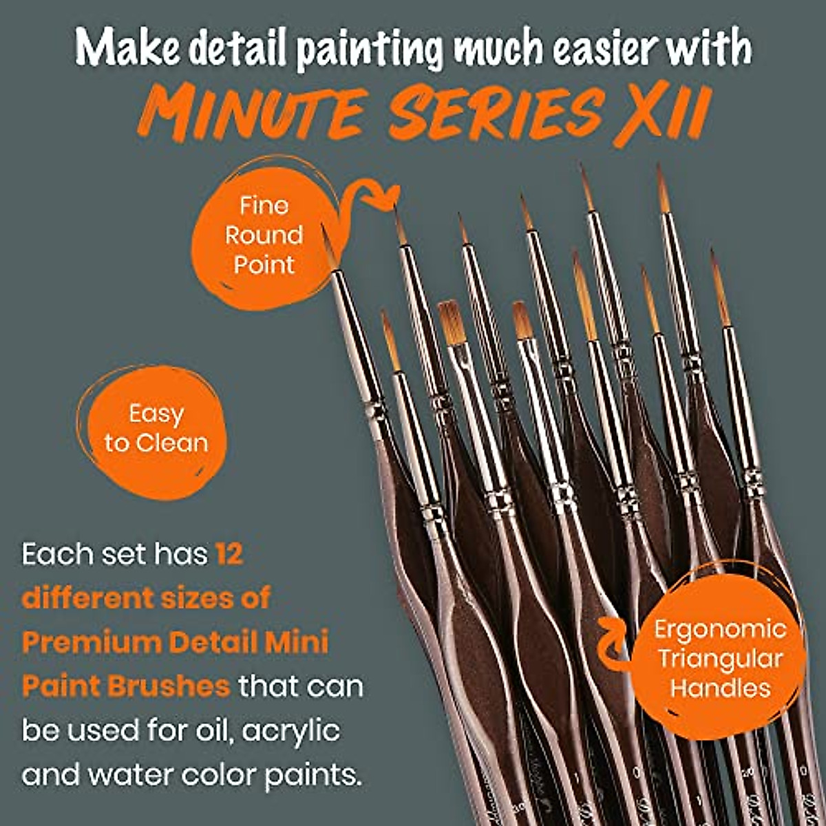 Miniature Paint Brushes Art. Minute Series XII 12pc Fine Detail Paint Brush Set for Model Miniature Painting Kit. Fine Point Small Artist Brushes for Acrylic Painting Oil Watercolor Warhammer 40K