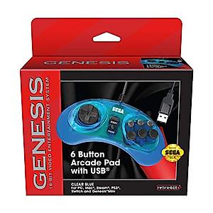 Retro-Bit Official Sega Genesis USB Controller 6-Button Arcade Pad for Sega Genesis Mini, PS3, PC, Mac, Steam, Switch - USB Port - (Clear Blue)