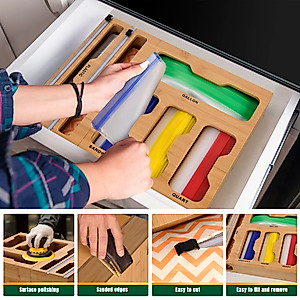 MG CUSTOM GOODS Bamboo Ziplock Bag Organizer & Plastic Wrap Dispenser with Cutter, 6 IN 1 Magnetic Kitchen Drawer Organizer for Gallon, Quart, Sandwich, Snack Bags