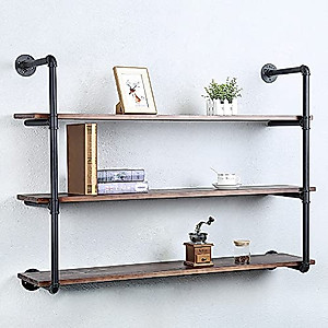 Industrial Pipe Shelving Wall Mounted,48in Rustic Metal Floating Shelves,Steampunk Real Wood Book Shelves,Wall Shelf Unit Bookshelf Hanging Wall Shelves,Farmhouse Kitchen Bar Shelving(3 Tier)