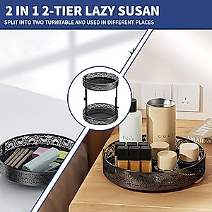 2 Tier Lazy Susan Organizer, 2 Pack 11&12 Inch Lazy Susan Turntable for Cabinet Table, MESHDO Height Adjustable Cabinet Organizer Spice Rack with Non-Slip Pad for Kitchen Bathroom Pantry(Metal, Black)