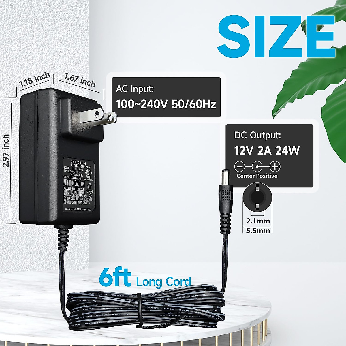 Power Adapter AC 100-240V to DC 12V 2A (2000mA) & 4-Way Power Splitter Cable for CCTV Security Camera/DVR/NVR/LED Strip Lights, UL/FCC/CE Certificated