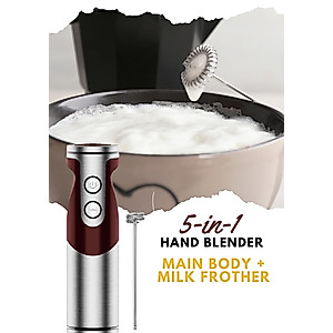 MegaWise 5-in-1 Hand Blender Set with Variable Speed Control, 400W Immersion Blender - Includes Whisk, Milk Frother, Chopper, and Beaker for Smoothies, Soups, and Baby Food (RED)