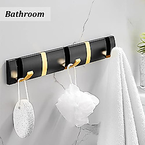 DMYMAT Coat Rack Wall Mounted with 5 Folding Hooks, 15.8 Inch Space Saving Wall Coat Hook, Black Gold Towel Hooks for Bathroom, Bedroom, Entryway, Hats, Scarves, Umbrella and Keys