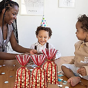 TOSPARTY 150 PCS Clear Plastic Cellophane Treat Bags Red and White Stripe Printed Clear Circus Carnival Party Cookie Candy Goody Bags for Birthday Carnival Party Cookie Candy Treat Favor