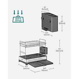 SONGMICS 2-Tier Small Dish Drying Rack, Expandable Dish Dryer for Kitchen Counter, Stainless Steel Dish Rack with Utensil Holder, Rustproof, for Dishes, Knives, Spoons, Forks, Silver Gray UKCS036G01
