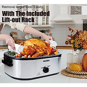 NECERO Roaster Oven 28 Quart Electric, Electric Roaster Pan with Visible&Self-Basting Lid, Large Stainless Steel Electric Turkey Roaster Oven Defrost Warm Function, Removable Pan Rack, Up To 24LB
