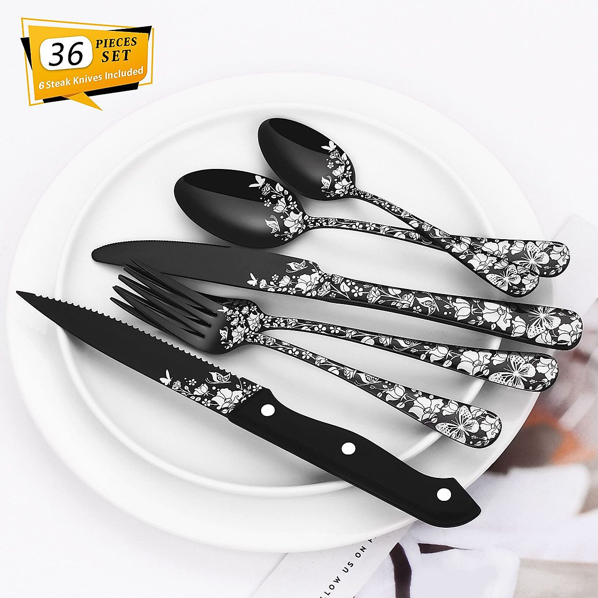 36-Piece Black Silverware Set with Steak Knives for 6, Stapava Stainless Steel Flatware Cutlery Set, Unique Black Utensils Tableware Set, Fork Spoon Knife Set, Mirror Polished, Dishwasher Safe