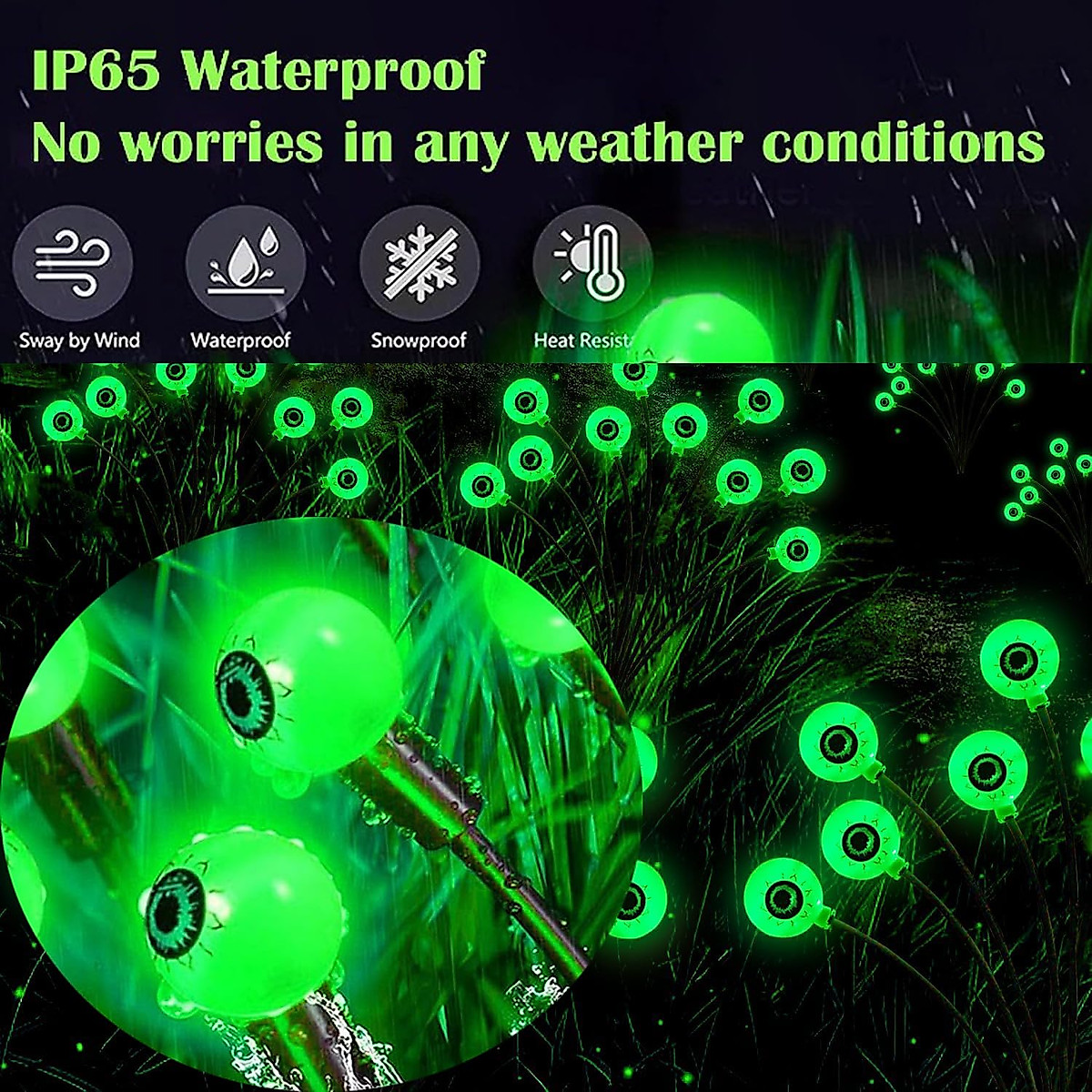 Ruhapu Halloween Decorations Outdoor Solar Scary Eyeball Lights,2PACKS 12/16LED Green Eyeball Swaying Firefly Lights,Waterproof Solar Halloween Path Lights for Yard/Garden/Lawn/Party Decor (Green)