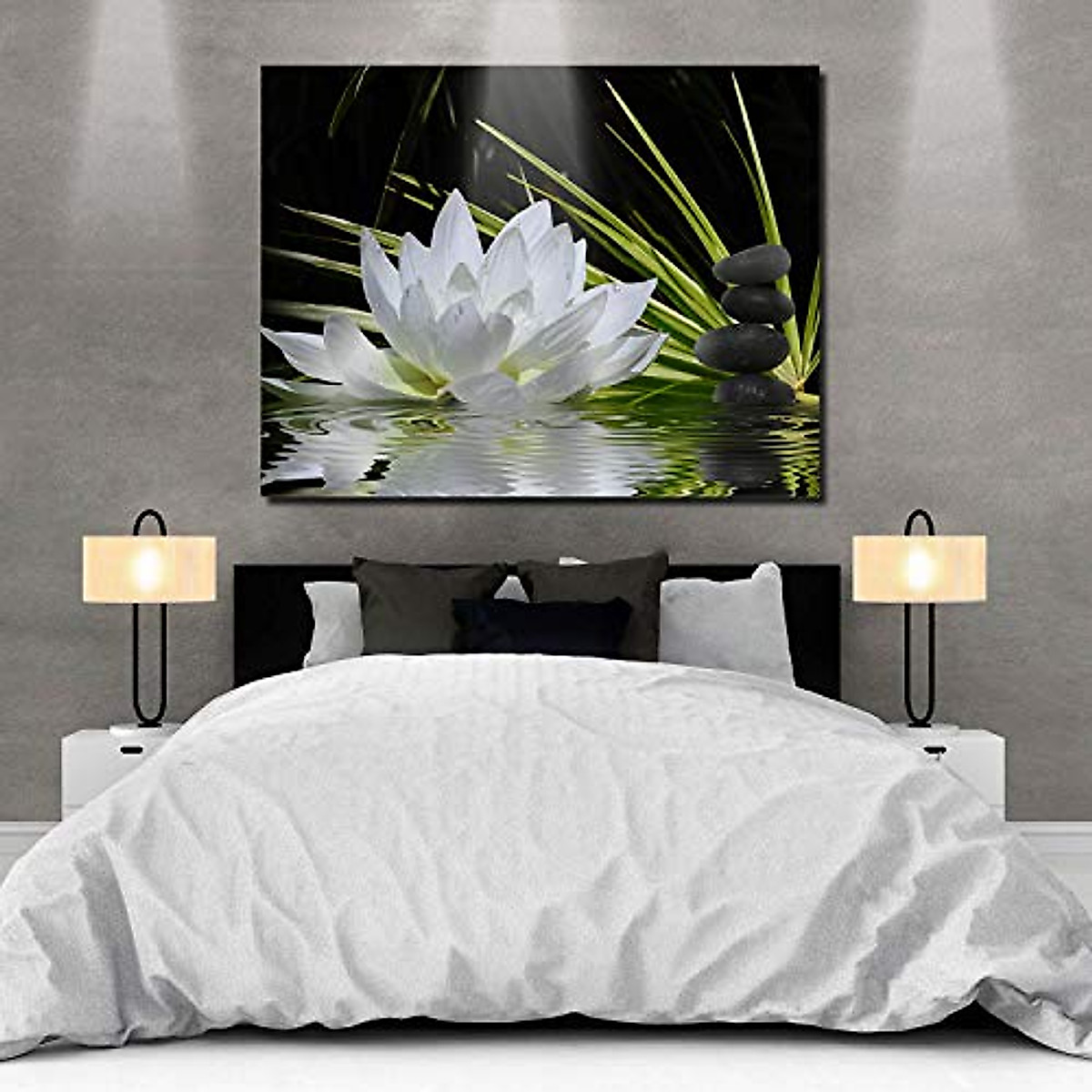 Canvas Wall Art - White Lotus and Black Zen Stones Picture - Modern Wall Decor Gallery Canvas Wraps Giclee Print Stretched and Framed Ready to Hang - 16" x 24"