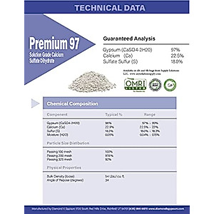 Premium 97 Gypsum-Solution Grade Calcium Sulfate Dihydrate Organic Garden Gypsum, Purest, Most Soluble Mined Gypsum in The World. Improves Crop Quality and Yields.