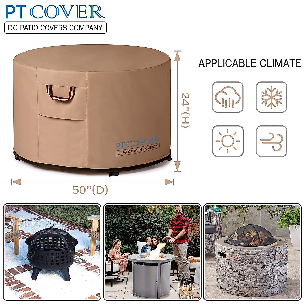 Fire Pit Cover - 48 Inch 50 Inch Strong Fade-Resistant Tear-Resistant UV-Resistant Waterproof Heavy Duty 900D Material Firepit Covers Round for Outdoor Fire Pit - Brown