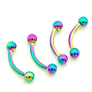 4 Pc 16g 3/8" Rainbow Titanium with 4mm Ball Eyebrow Rings Curved Barbells