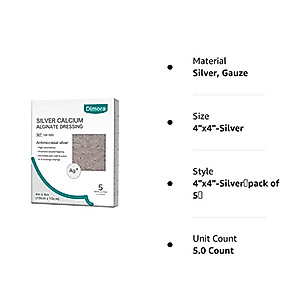 Dimora Ag Silver Calcium Alginate Wound Dressing Pads, 4'' x 4'' Patches, 5 Individual Pack, Highly Absorbent Dressing, Non-Stick Sterile Gauze