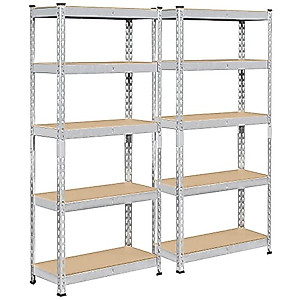 Topeakmart 2 PCS 5-Tier Utility Shelves, Metal Storage Shelves Garage Shelving Unit Adjustable Garage Storage Shelves Storage Racks Heavy Duty Shed Shelving- Silver, 27.5 x 12 x 60 Inch