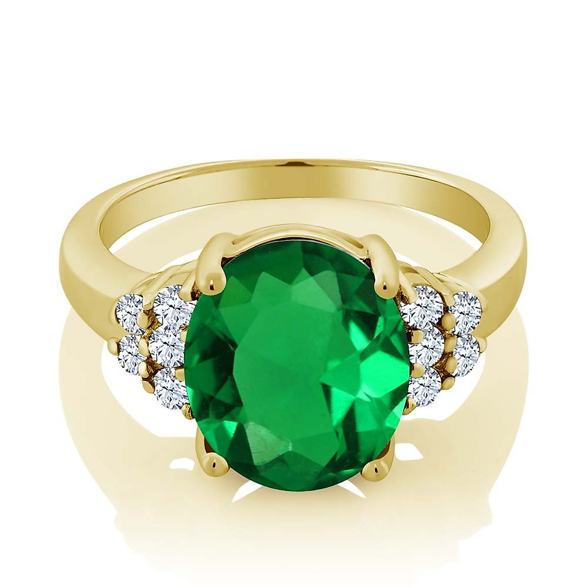 Gem Stone King 4.40 Cttw 18K Yellow Gold Plated Silver Green Simulated Emerald and White Created Sapphire Women Ring | Oval 12X10MM | Available in size 5, 6, 7, 8, 9