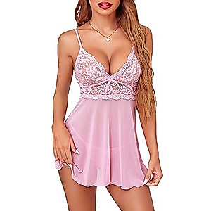 Avidlove Womens Lingerie V-Neck Lace Babydoll Sexy Teddy Sleepwear Strap Chemise Pink Small