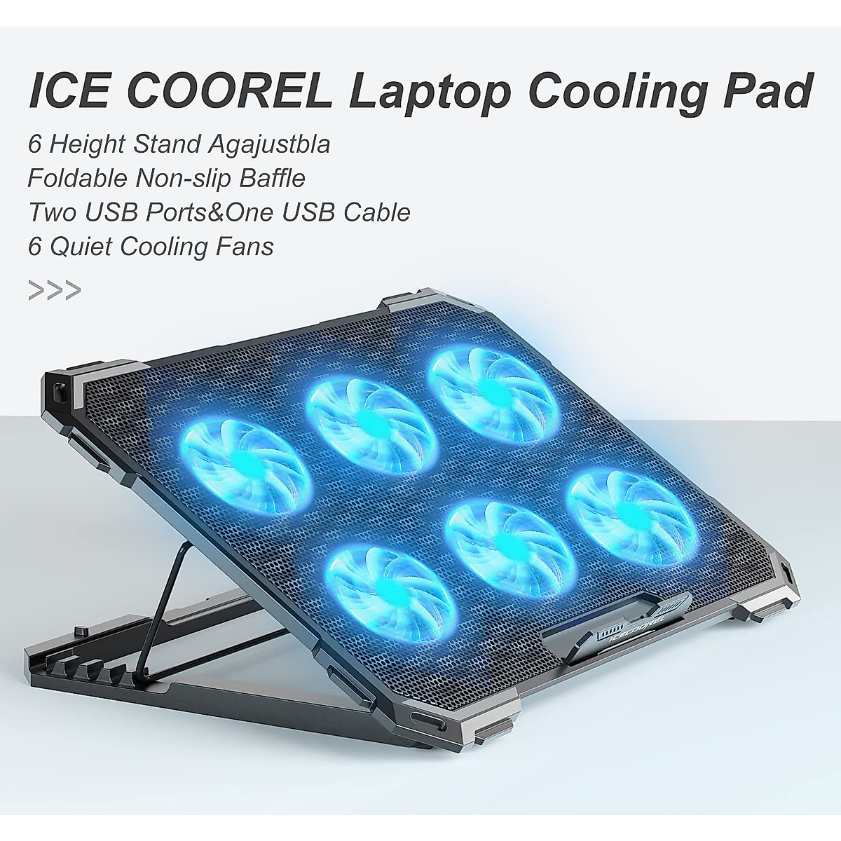 ICE COOREL Laptop Cooling Pad with 6 Cooling Fans, Cooling Pad for Laptop Fan 13-15.6 Inch, Laptop Cooler Stand with 6 Height Adjustable, Notebook Cooler Pad with Two USB Port [2022 Version]