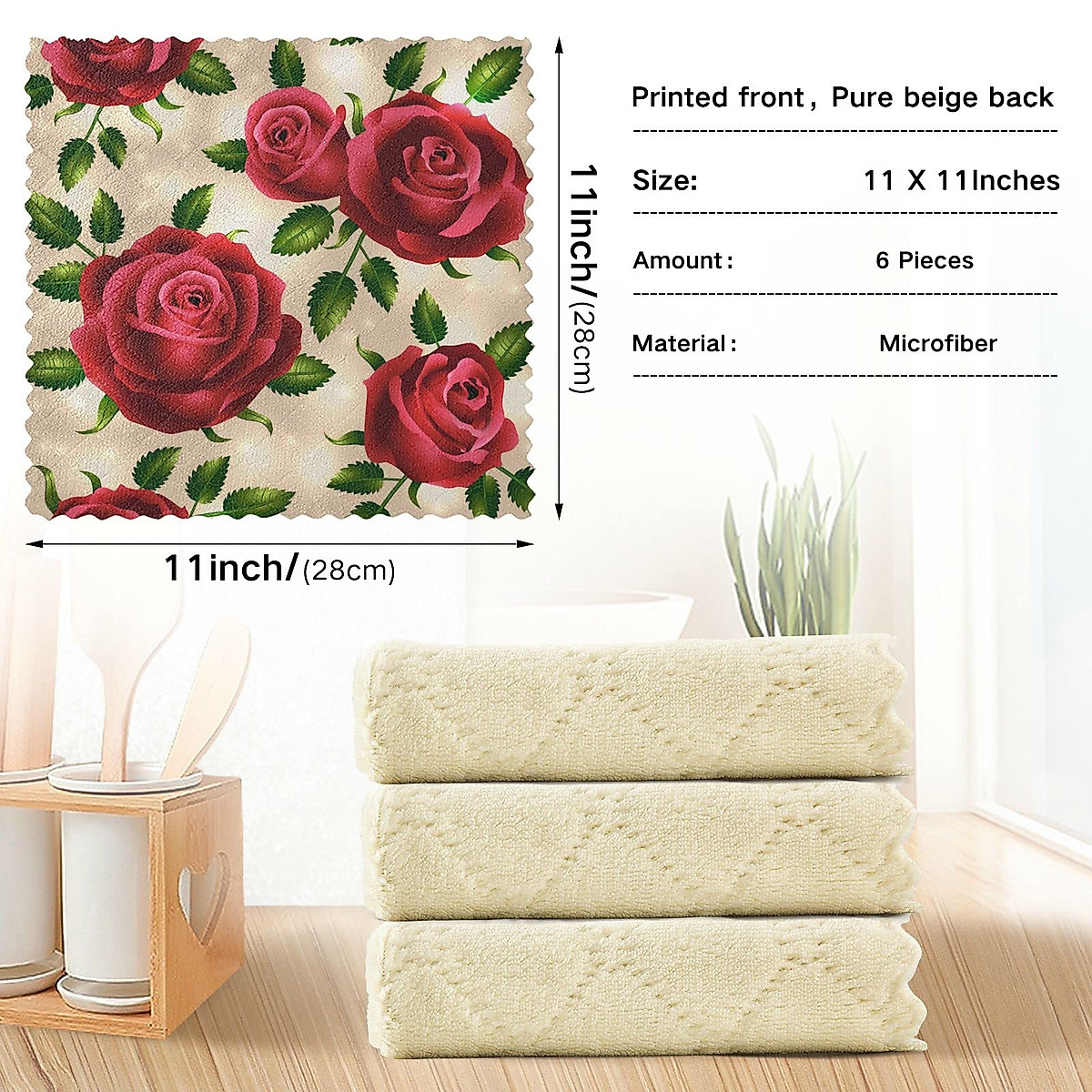 senya 6 Pack Dish Cloths Dish Towels Red Roses Flowers Reusable Kitchen Hand Towels