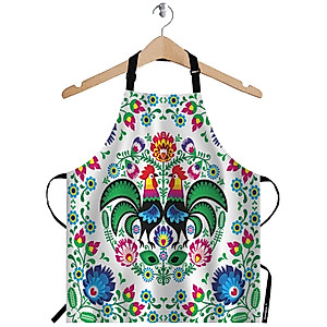 Wondertify Polish Floral Folk Art Apron,Square Pattern with Rooster Lowicz Cutouts Patterns Green Bib Apron with Adjustable Neck for Men Women,Suitable for Home Kitchen Cooking Bistro Baking BBQ Apron