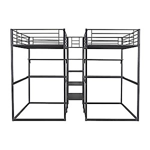 ATY Twin Over Twin Bunk Bed with 2 Desks and Shelves, 4-in-1 Metal Bedframe w/ 3 Storage Staircase & Safety Guardrail, Maximum Space Design, for Kids Bedroom, Dorm, Guestroom, Black