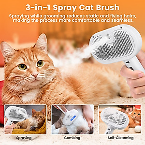 Cat Steam Brush, 3 in 1 Cat Brush for Shedding & Grooming, Water Brush for Cats Dogs, Pet Hair Removal Comb for Long Short Haired Small Animal, Self Cleaning Slicker Brush with Release Button