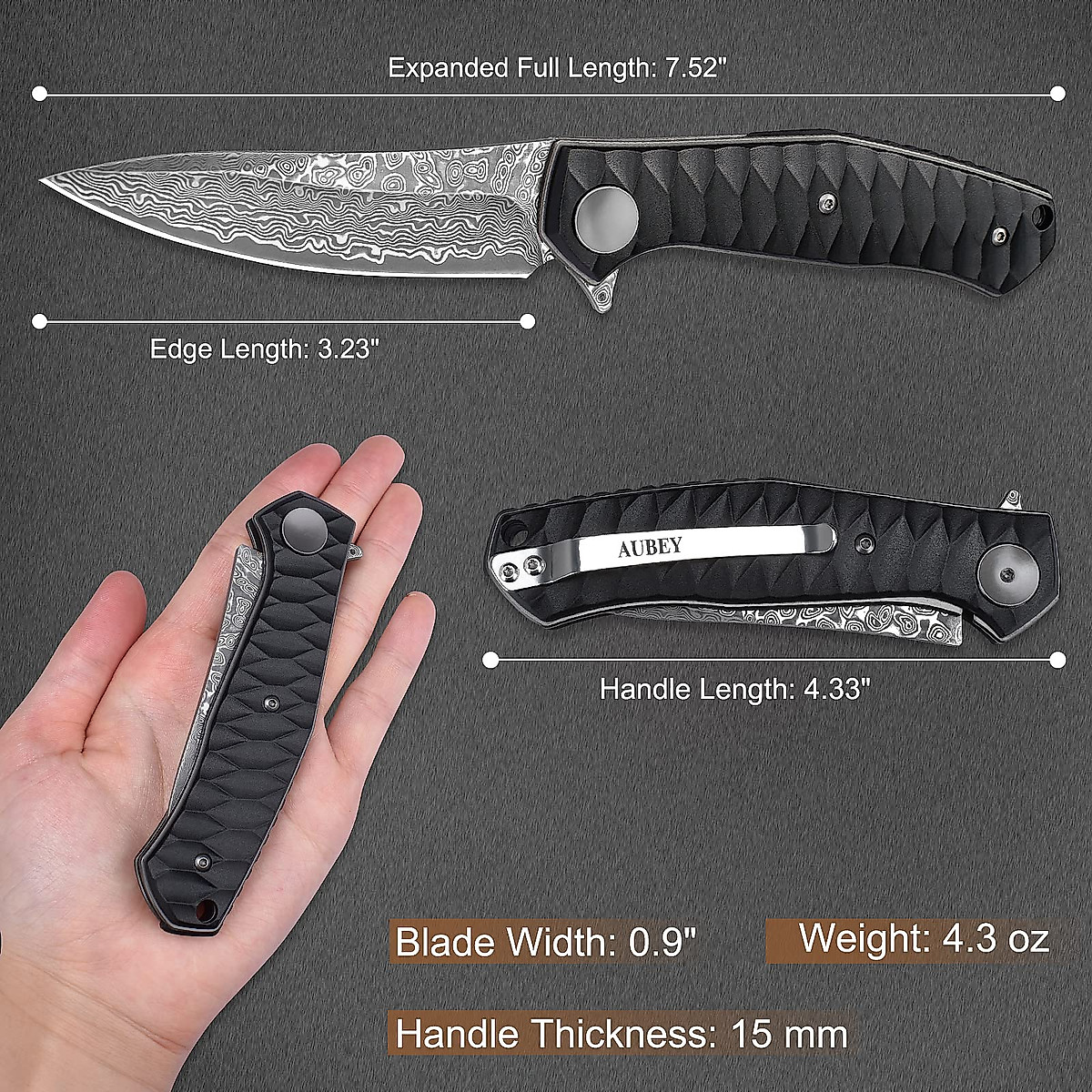 AUBEY Damascus Pocket Knife for Men with Clip EDC, 3.23" VG10 Core Damascus Steel Blade of Folding Knife with Black Aluminum Handle, Sharp Damascus Camping Knife