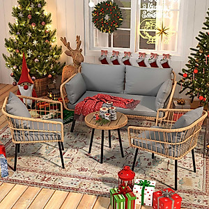 DWVO 4 Pieces Patio Furniture Set, Outdoor Wicker Bistro Set, All-Weather Rattan Conversation Set with Loveseat Chairs Table Soft Cushions for Backyard, Pool, Deck, Garden (Grey)