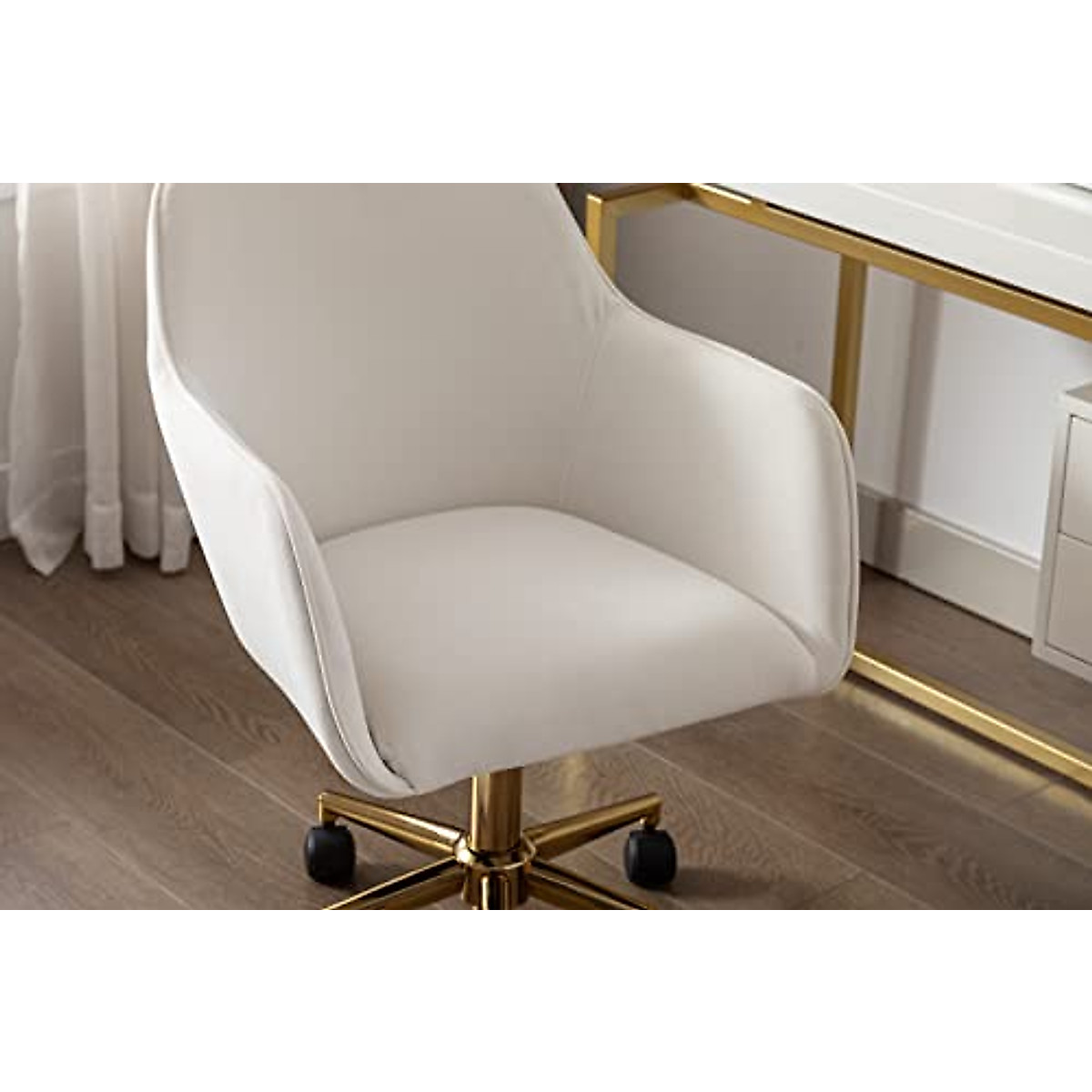 DBXII Modern Velvet Yellow Material Adjustable Height 360 Revolving Home Office Chair with Gold Metal Legs and Universal Wheel for Indoor (White + Velvet)