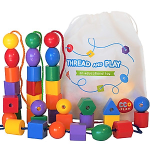 CC O Play Large Lacing Bead Set for Kids - 36 Jumbo Beads & 4 Threads for Toddlers - Montessori Educational Stringing Toy for Preschool Children - Bonus Bag & Ebook with Primary Resources