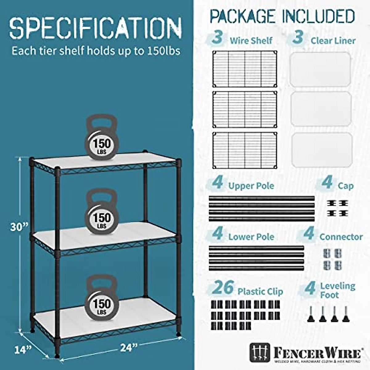 Fencer Wire NSF Adjustable Height Wire Shelving Unit w/Liner, Basement Storage Shelving, Metal Steel Storage Shelves, Kitchen, Garage Shelving Storage Organizer, Utility Shelf, 3-Tier W/Liners