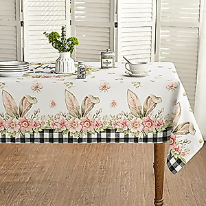 Horaldaily Easter Tablecloth 60x84 Inch, Spring Flower Buffalo Plaid Bunny Ear Table Cover for Party Picnic Dinner Decor