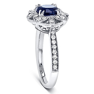 Kobelli Antique Style Floral Sapphire and Diamond Engagement Ring 1 1/2 Carat (ctw) in 14k White Gold, Size 9