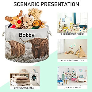KLL Custom Large Capacity Toys Storage Bin with Cotton Rope Handle Personalized Name Clothes Storage Baskets Laundry Hamper Holiday Ornament Storage Organizer Scottish Highland Cow