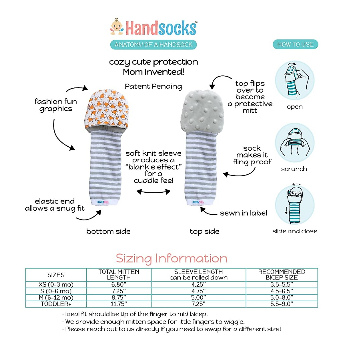 Handsocks Plushy Stay On Strap-Free No-Scratch & Warmth Mittens (Medium 6-12 Months. Bicep Size Should be Bicep 5.0"-8.0"), Olivia (Grey/Yellow Elephant) - One Pair