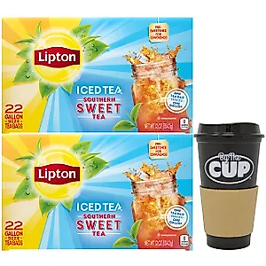 Lipton Southern Sweet Tea, Gallon-Size Tea Bags, 22 Count Box (Pack of 2) with By The Cup To Go Cup