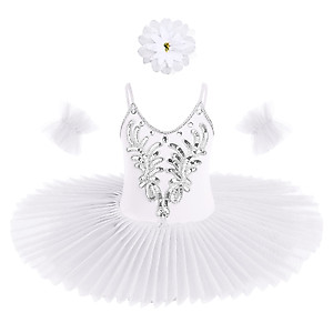 Toddler Kids Girls Swan Lake Ballet Dance Tutu Dress Sequins Camisole Leotard Hard Organdy Platter Skirted Ballerina Performance Dresses Costume with Arm Sleeves Hair Clip Outfit Set White 7-8 Years