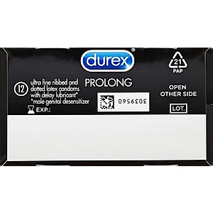 Durex Condom Prolong Natural Latex Condoms, 12 Count - Ultra Fine, ribbed and dotted with delay lubricant, Regular Fit