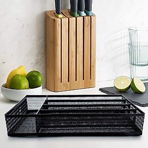 Ipanda Cutlery Tray, Cutlery Organizer, Non-Silp 5 Compartments Utensil Drawer Storage, Kitchen/Office, Steel Mesh Silverware Drawer/Holder/Divider (Black)