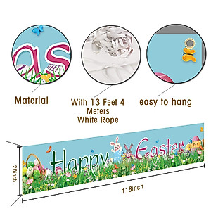 Happy Easter Banner Spring Easter Bunny Easter Eggs Decor Banner Outdoor & Indoor Yard Fence Garden Sign Hanging Door Banner 118" x 20"
