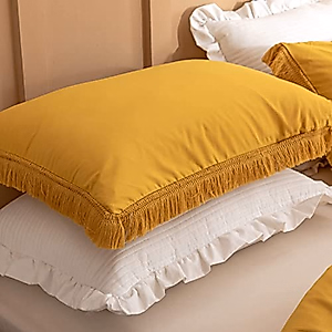 Smoofy Boho Mustard Yellow Duvet Cover King Size, 3 Pieces Bohemian Fringe Tufted Soft Tassel Microfiber Duvet Cover with Zipper Closure (1 Duvet Cover, 2 Pillowcases)